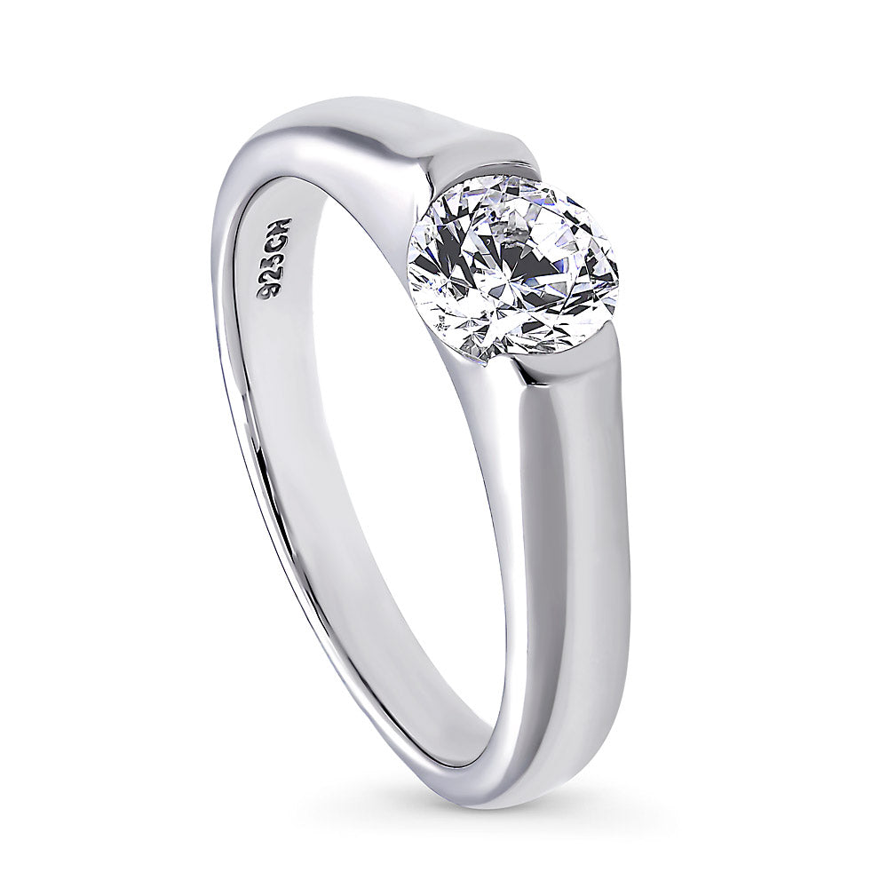 Sterling Silver Solitaire 0.8ct Half Bezel Set Round CZ Engagement Ring #R1882-01 – BERRICLE