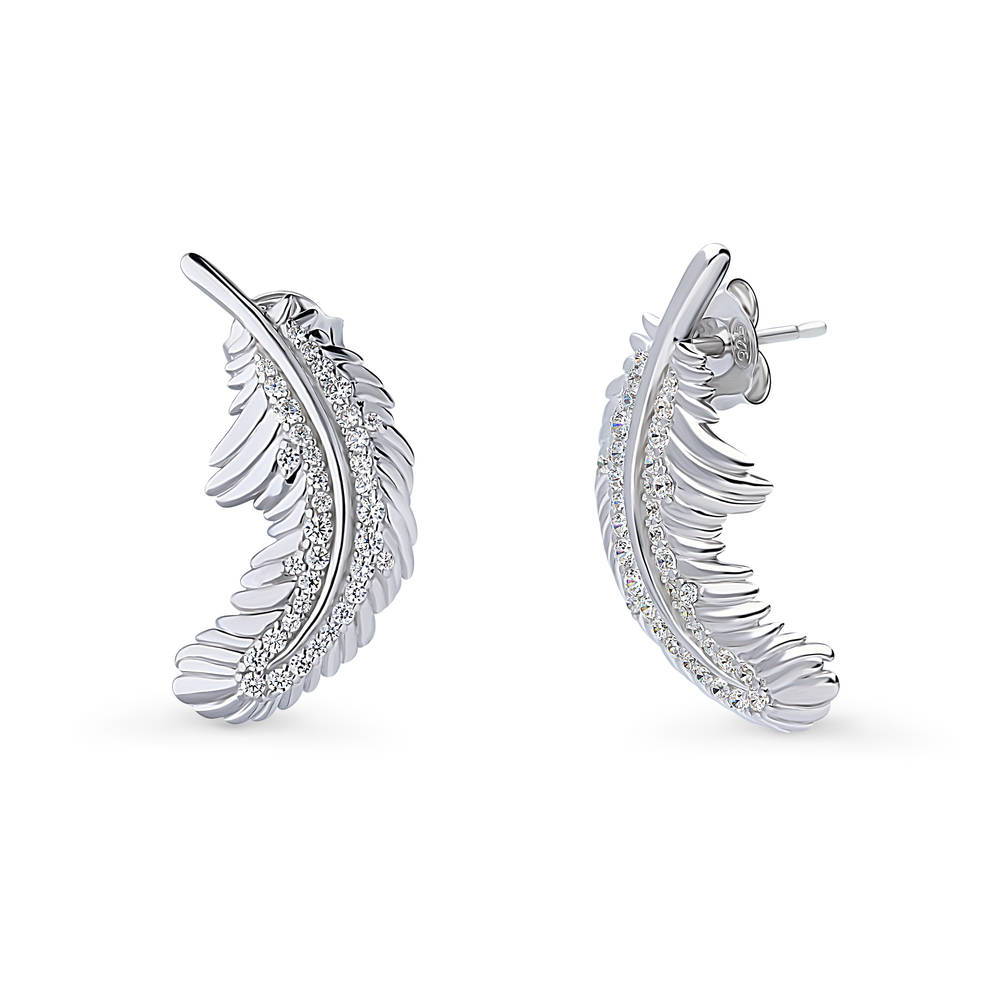 Silver feather stud earrings store