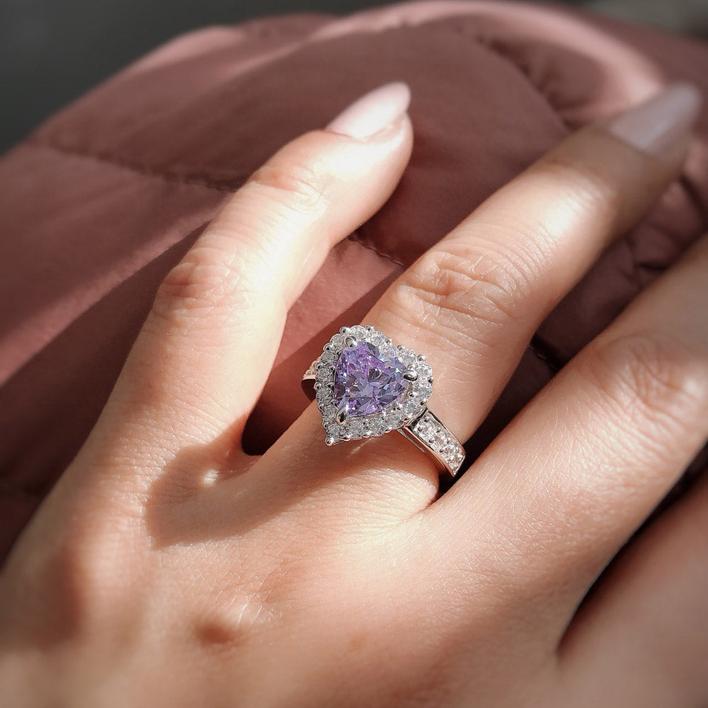 Silver Halo Heart Heart CZ Wedding Engagement Ring Set BERRICLE