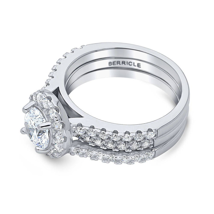 Sterling Silver Halo Round CZ Wedding Engagement Insert Ring Set #R789 ...