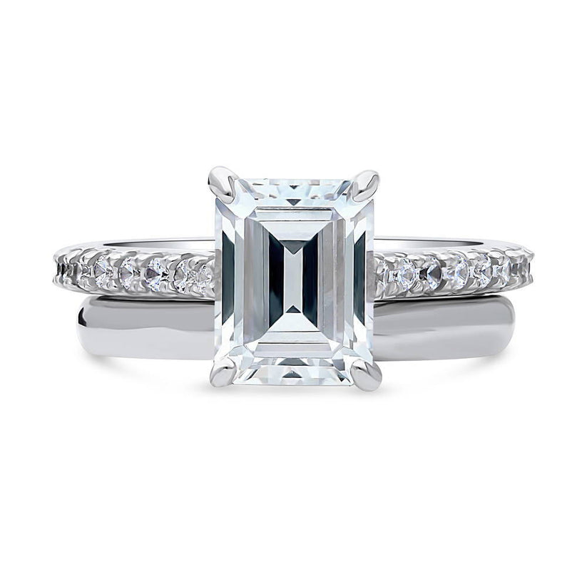 Sterling Silver Solitaire 2.6ct Emerald Cut CZ Engagement Ring Set # ...